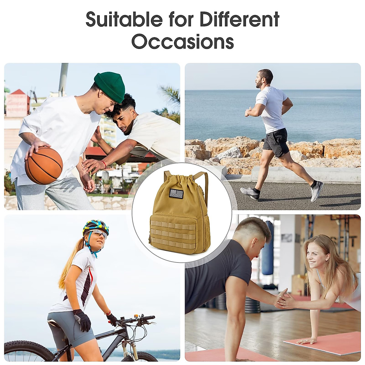 G4Free Drawstring Backpack Gym Backpack Soccer Basketball Bag with Shoes Compartment Tactical Water-Resistant String Sports Bag for Men Women(Tan)