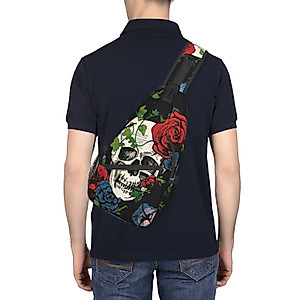 Yrebyou Skull Sling Bag Crossbody Shoulder Backpack for Women Men Hiking Travel Small Lightweight with Strap Daypack Cross Chest Bag Over Side Pack with Adjustable Strap Bottle Holders