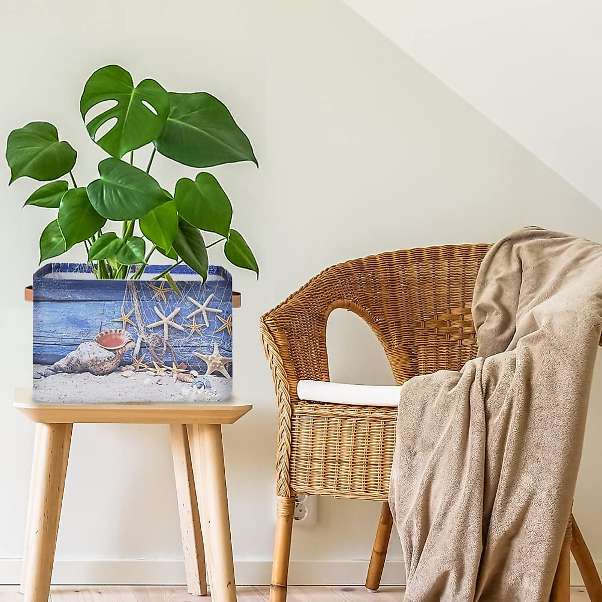 TropicalLife Summer Beach Starfish Storage Basket Ocean Sea Storage Bin Box Toys Organizer Shelf Cube with Handles for Kids Room Kitchen Office Nursery