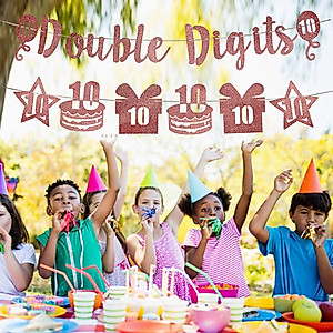 Excelloon Double Digits 10th Birthday Banner Decorations for Girl, Rose Gold Glitter 10 Year Old Happy Birthday Party Supplies, Perfect for Ten Years Birthday Party Decoration Sign