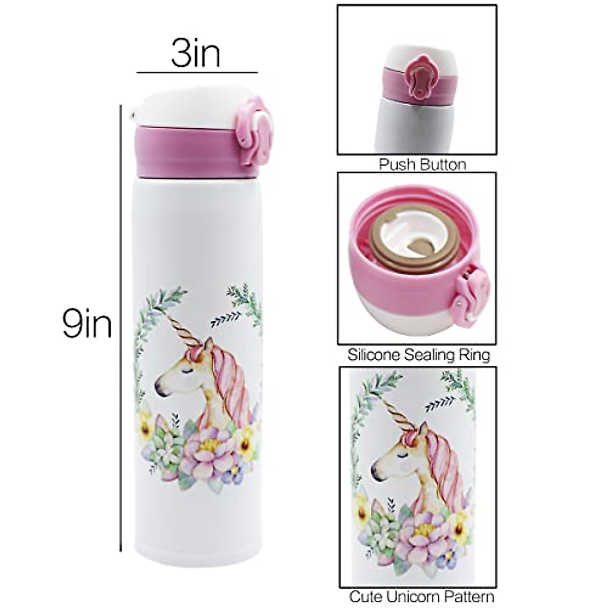 Amamcy Cute Unicorn Thermos Cup Water Bottle Stainless Steel Vacuum Flask Insulated Travel Mug for Women Kids 500ml (17oz)