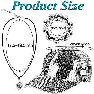 Disco Baseball Cap Silver Sequin Party Hats with Disco Ball Necklace and Sparkly Mirror Disco Bracelet Women Light Up Hat Bling Glitter Dance Cap for Girls Party Costume Accessories Cosplay Dress Up