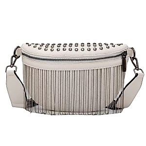 IAMUHI Women Vegan Leather Cross Chest Bag Rivets Fringed Shoulder Handbag Purse Waist Bag,White