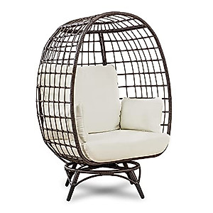 Sunjoy Cuddle Wicker Swivel Lounge, Oversized Indoor Outdoor Egg Chair with 4 Cushions for Patio, Backyard, Living Room, Brown