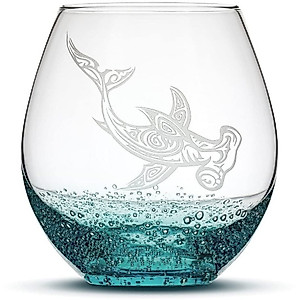 Integrity Bottles Tribal Hammerhead Shark, Stemless Wine Glass, Handmade, Handblown, Hand Etched Gifts, Sand Carved, 18oz (Bubble Teal)