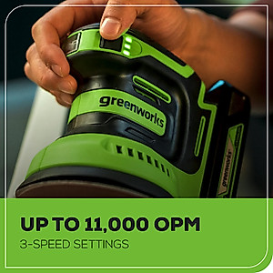 Greenworks 24V Cordless Orbital Sander, 5" Random Sanders Variable Speed, 11000 OPM, 3 Sandpaper Sheets, with 2Ah Battery and Charger