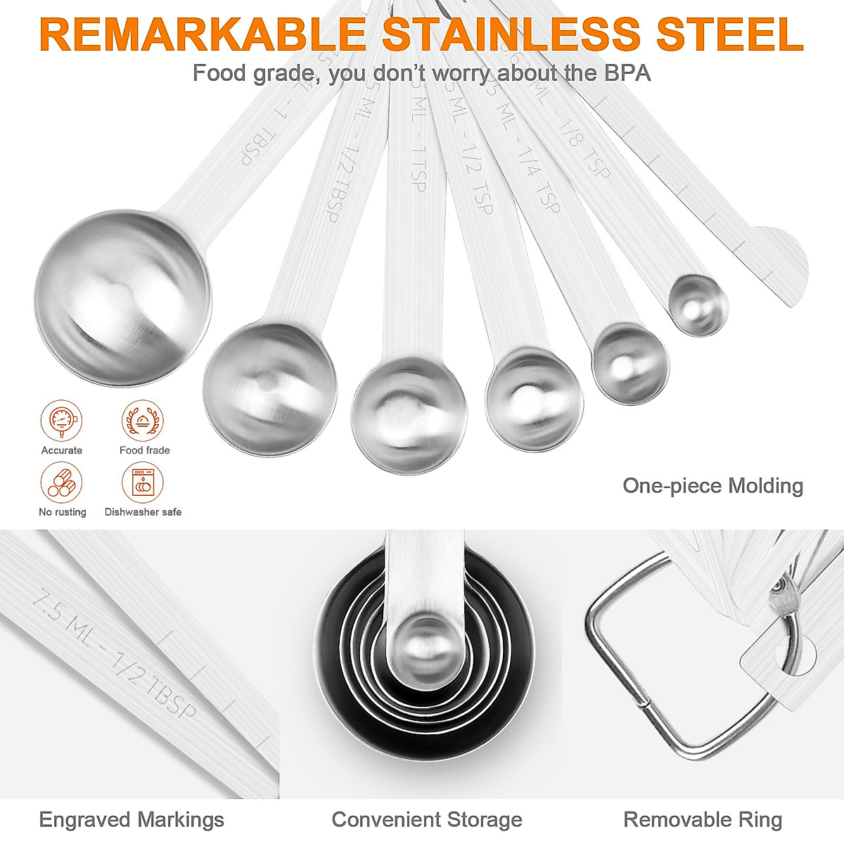 Sieqioor Durable Stainless Steel Metal Measuring Spoons Set for Dry or Liquid, Small Tablespoon, Teaspoons, Set of 7 Including Leveler, Etched Markings and Removable Clasp, Fits in Spice Jar