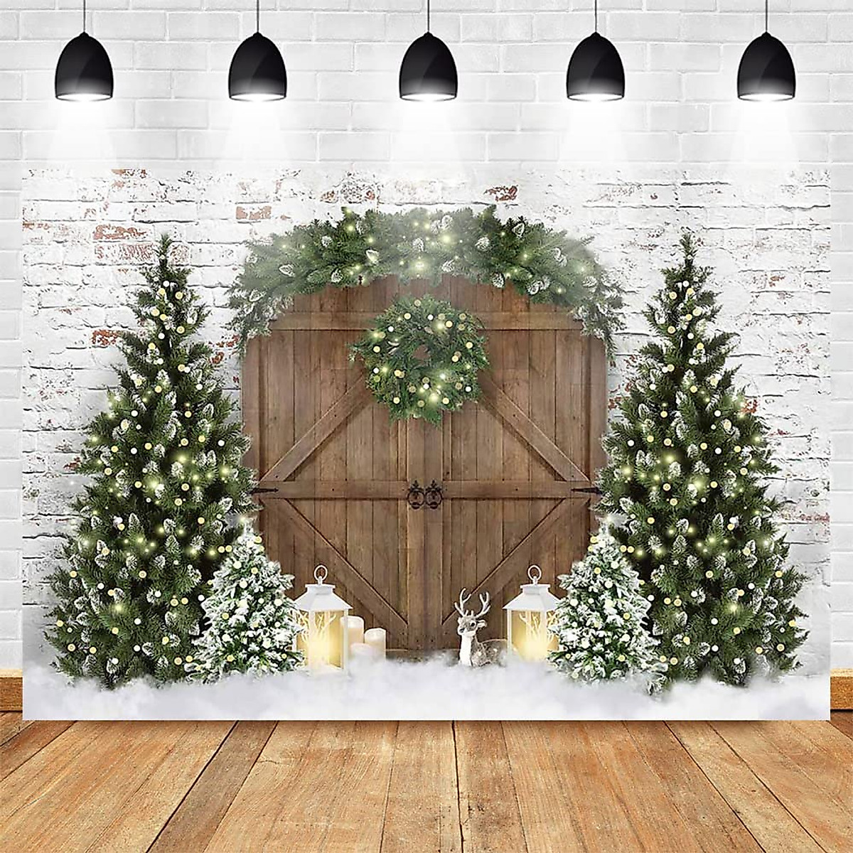 Mocsicka Christmas Wood House Photography Backdrop Xmas Tree Snow Wreath Photo Background Rustic Barn Door Family Kids Holiday Portrait Photo Booth Props (10x8ft)