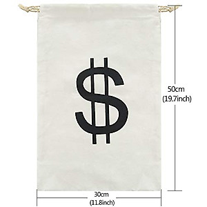 Auihiay 11.8” x 19.7” Large Dollar Sign Money Bag Canvas Pouch with Drawstring Closure for Toy Party Favors, Halloween Bank Robber Cowboy Pirate Theme, Carrying Case Sack