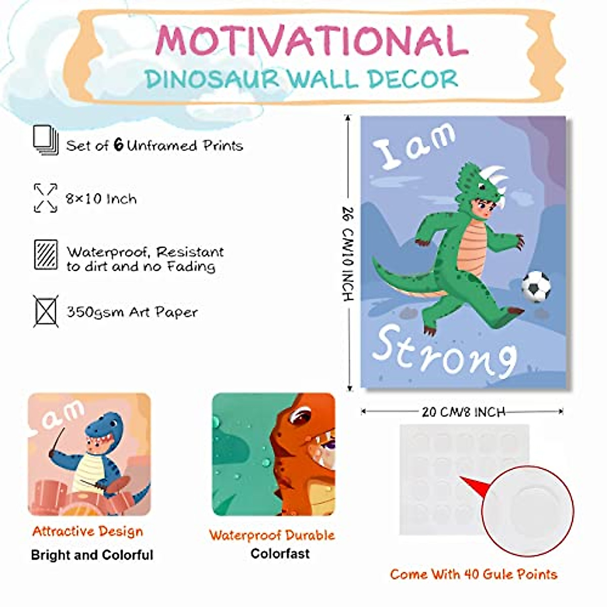 TYZZHOA I Am Awesome-Brave-Smart 6 Pcs 8x10 Inch Dinosaur Wall Art Posters, Dinosaur Room Decor for Boys, Motivational Quote Wall Decor for Playroom, Nursery Room and Kids Room (Unframed).