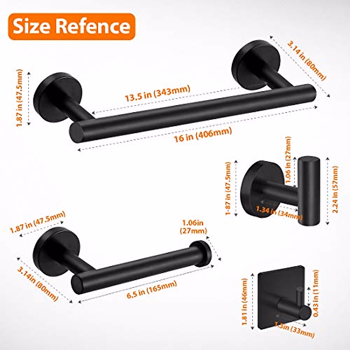 Tudoccy 5-Pieces Matte Black Bathroom Hardware Set SUS304 Stainless Steel Round Wall Mounted - Includes 16" Hand Towel Bar, Toilet Paper Holder, 3 Robe Towel Hooks,Bathroom Accessories Kit
