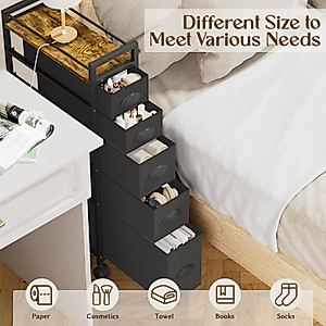 LASZOLA 5 Drawer Narrow Dresser Slim Cabinet Skinny Storage Tower Chest, Ideal for Small Spaces Bathroom Bedroom, Between Washer and Dryer, Lightweight Mobile on Wheels, Sturdy Fabric Drawers, Black