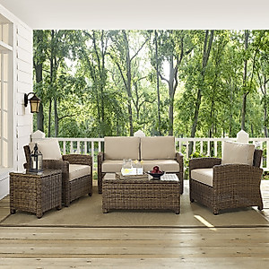 Crosley Furniture Bradenton 5-Piece Outdoor Loveseat Patio Furniture Set, Wicker Conversation Sets for Porch, Brown with Sand Cushions