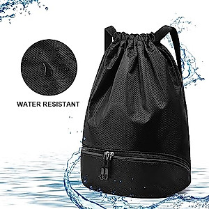 Qoosea Drawstring Backpack Sports Gym Bag with Shoe Compartment Water Resistant Drawstring Sackpack for Women Men (Black)