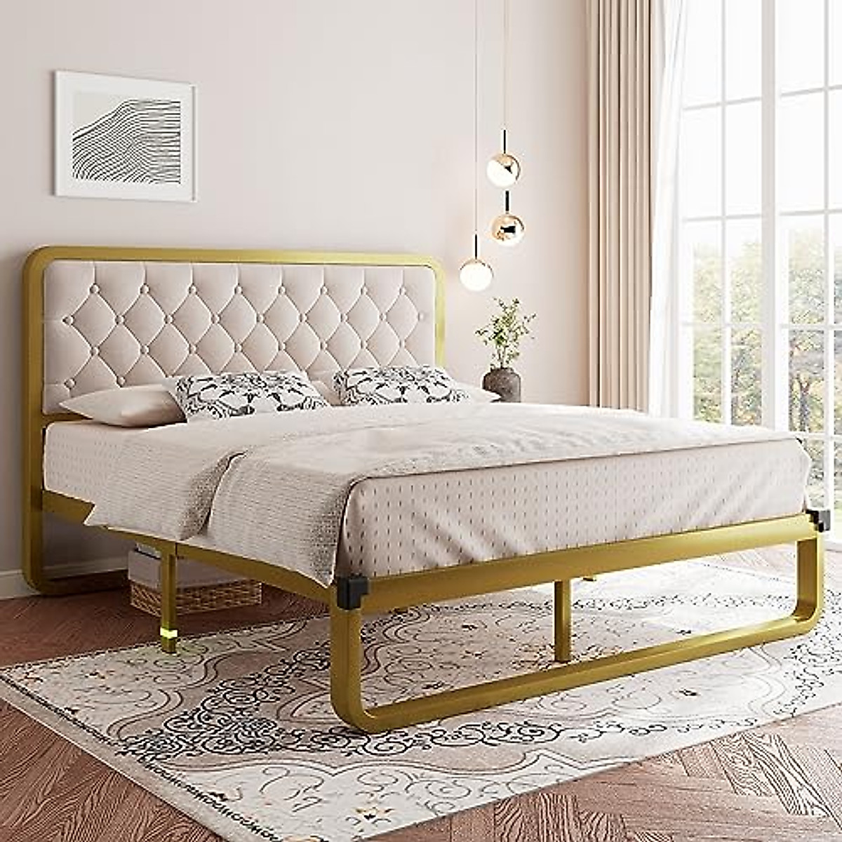 iPormis Queen Size Metal Bed Frame with Velvet Button Tufted Headboard, Curved Platform Bed Frame, Thicker Metal Steel Slats Support, 12'' Under-Bed Space, Noise-Free, Easy Assembly, Gold & Beige