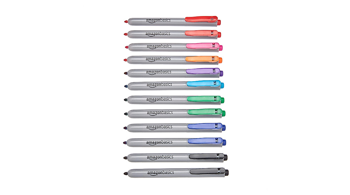 Amazon Basics Retractable Permanent Markers - 12 Vibrant Colors for All ...