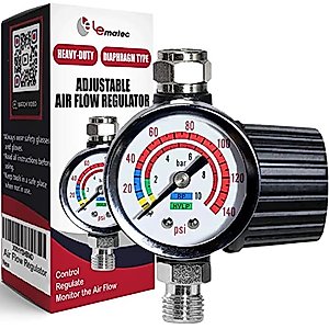 LE LEMATEC Air Compressor Regulator Valve with Pressure Gauge, for Precise Control in Air/Pneumatic Tool Applications, Spray Painting, Tire Inflation and More, ¼ NPT, Up to 140 PSI (AR-02)
