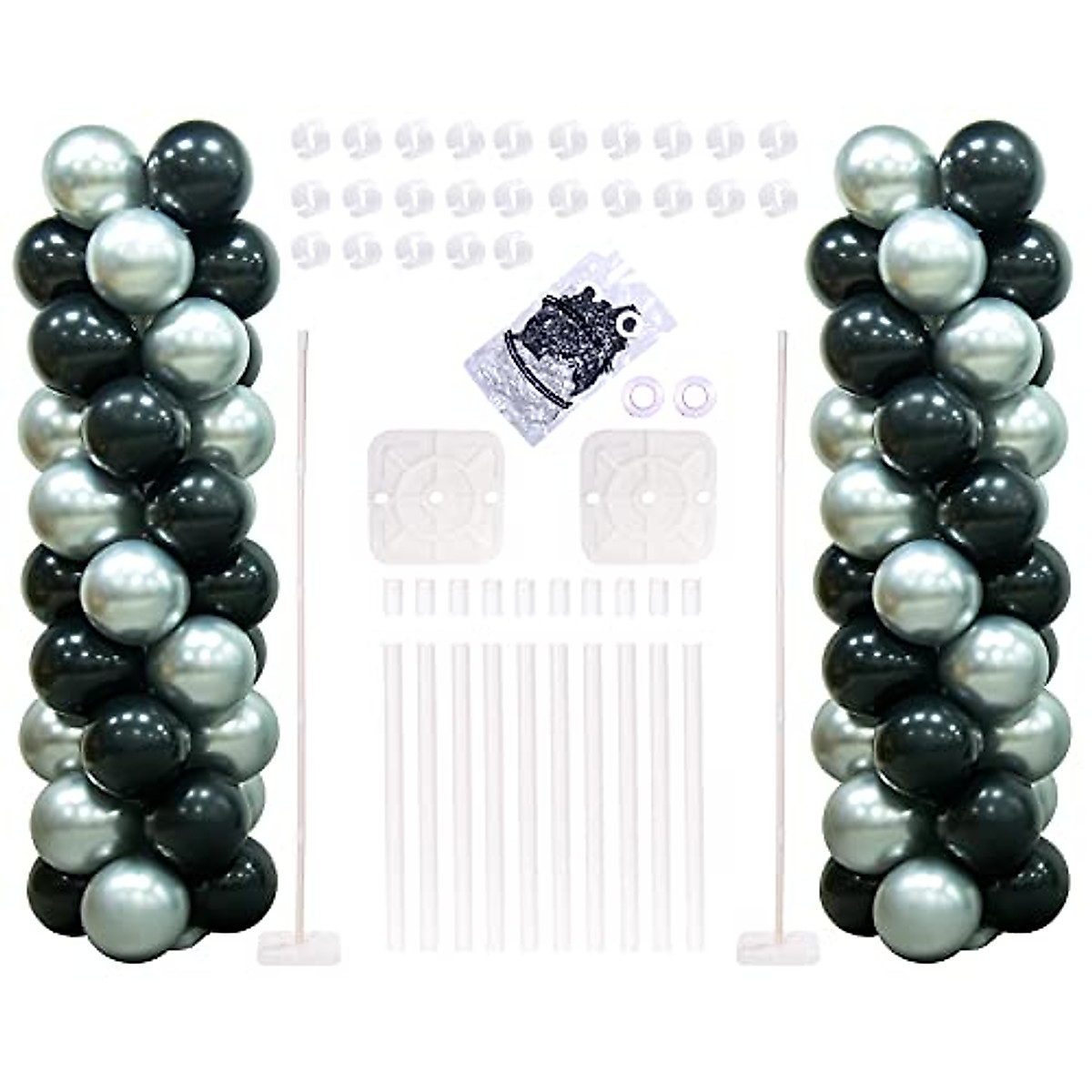 MOXMAY Balloon Column Kit - Set of 2 Balloon Columns with Stand Base and Pole Balloon Tower Backdrop Decoration for Wedding Baby Shower Birthday Party 100 Balloons Included(Silver Black)