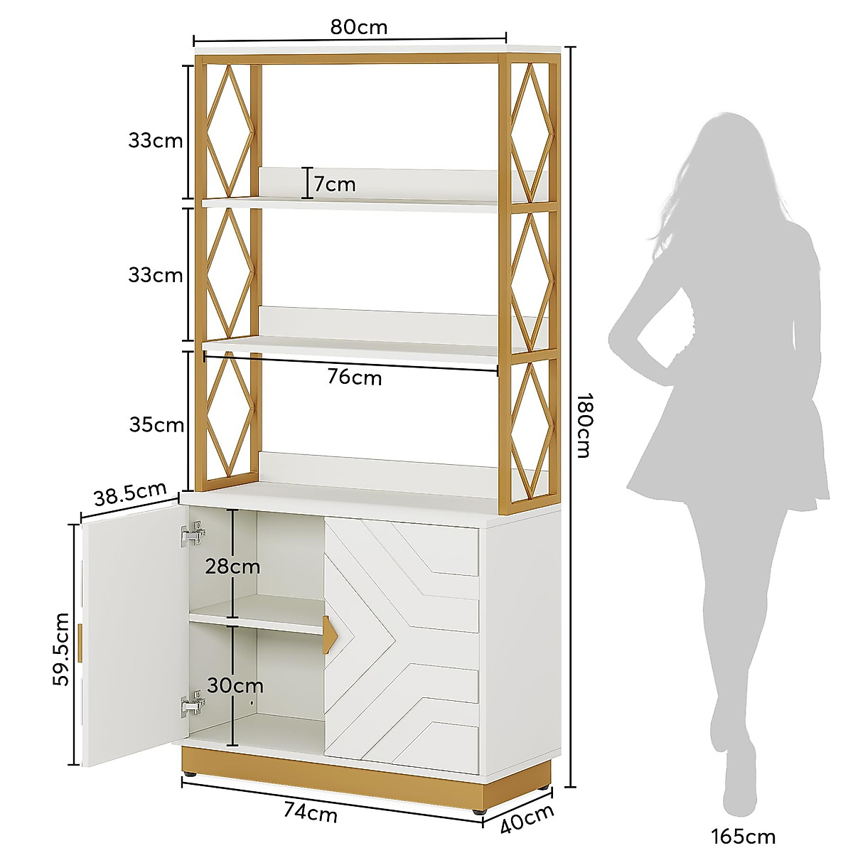 Tribesigns White and Gold Bookshelf with Doors: 70.9 Inches Tall Etagere Bookcase Set of 2, Modern Open Display Book Shelves with Metal Frame for Living Room Bedroom Office