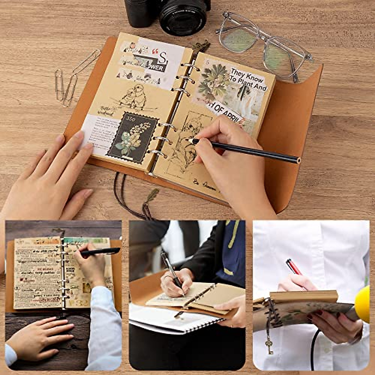 Vintage Leather Refillable Notebook, Hard Cover Retro Journal, 100 Unlined Paper, Pocket Notebook Diaries, Sketchbooks (Grey Magpie) View translation