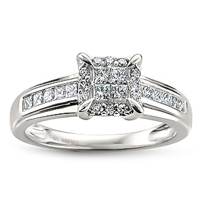 Beyond Brilliance 1/2 Carat Invisible-Set Princess Cut & Round Natural Diamond Engagement Ring in 14K White Gold (H-I, I1-I2)
