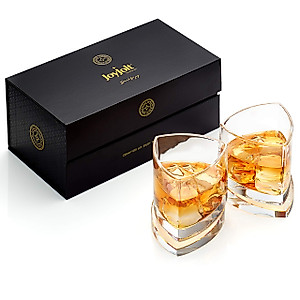JoyJolt Aqua Vitae Premium Whiskey Glass Set of 2. Triangle Whiskey Glasses with Off Set Base. Old Fashioned Rocks Glasses for Scotch and Bourbon. Whiskey Tumbler Gifts for Men.