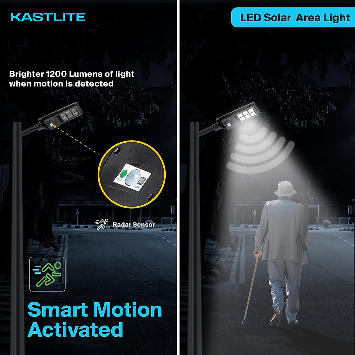 KastLite 10W LED Dusk to Dawn Solar Outdoor Lighting w/Motion Sensor & Remote Control - Dimmable 90-Watt Equiv. 5000K 1200 Lumen Solar Street Light - Waterproof Parking Lot/Security Area Lamp, Black