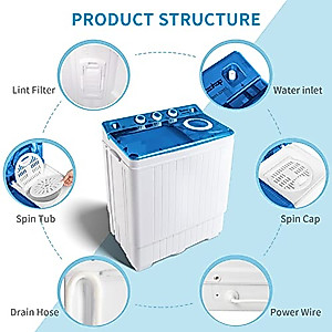 Winado 26LBS Portable Washing Machine, Compact Mini Washer Machine & Dryer Combo, Built-in Gravity Drain, Small Twin Tub Washer with Spin Cycle for Laundry Room, Apartments, Dorms, RV's (Blue)