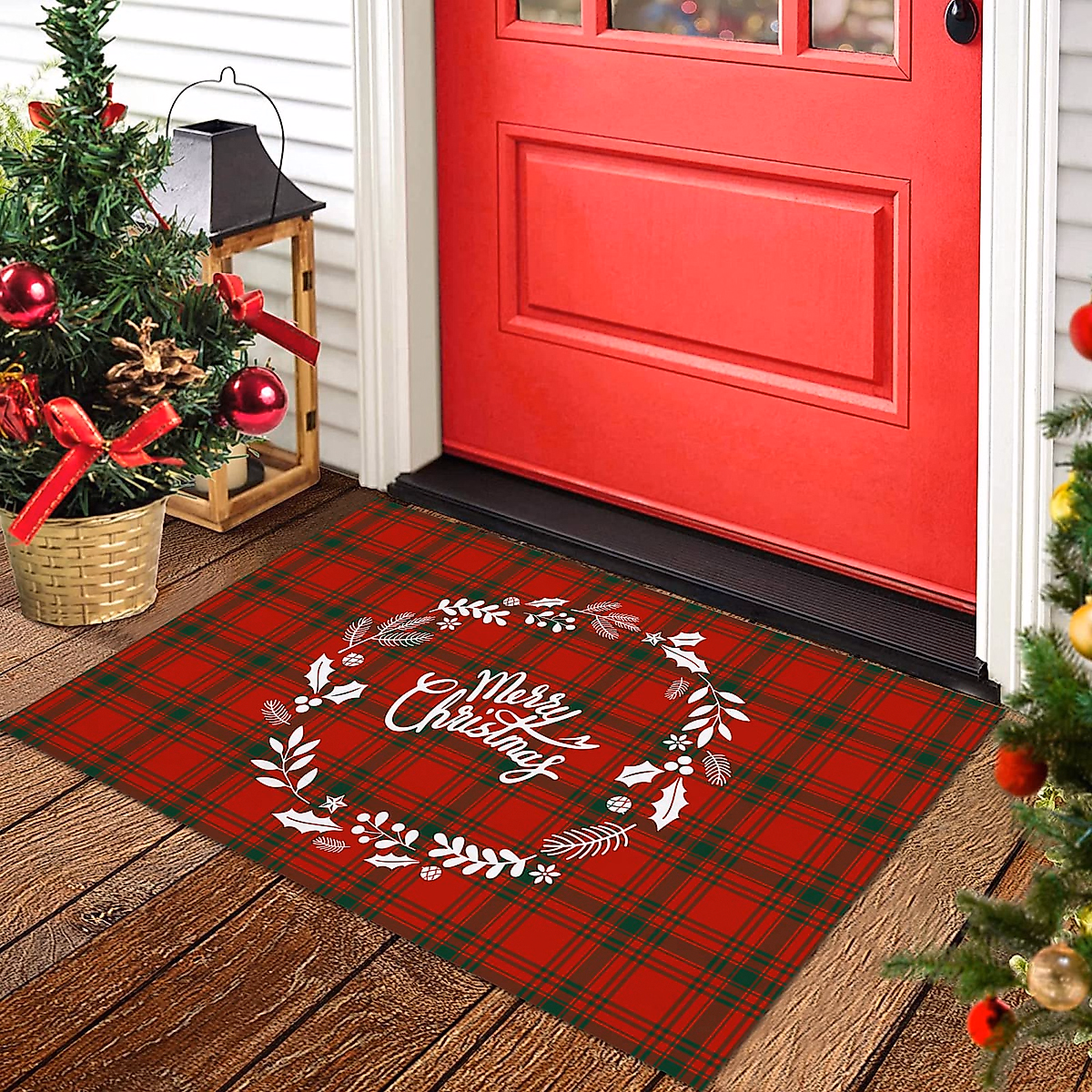 Welcome Mats for Front Door, Merry Christmas Red Holly Plaid Non Slip Entrance Indoor Doormat Funny Door Mats Rugs, Green Berry Bathroom Floor Mat - Low Profile&Machine Washable Mat16 x24