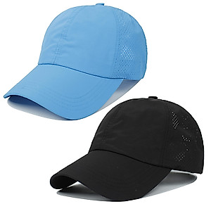 Muryobao 2 Packs Womens Criss Cross Ponytail Baseball Cap Adjustable High Messy Bun Ponycap Quick Drying Mesh Dad Hat for Outdoor Sports Travel Black & Blue