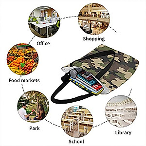 Moslion Green Camouflage Canvas Bags Camo Print JungleTote Bags Laptop Bags Large Bulk Reusable for Women Men Work Study 15x16 Inch