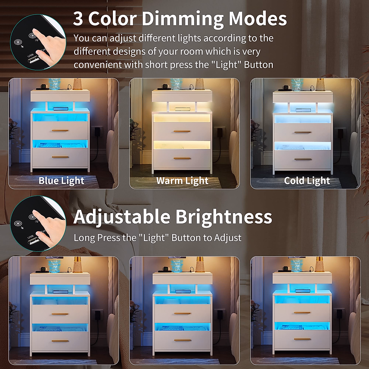 YITAHOME LED Nightstand with Wireless Charging Station, USB & Type-C Ports, Smart Night Stands with 2 Drawers for Bedroom, Modern Bedside Tables with Embedded LED Light Strip, Human Body Induction