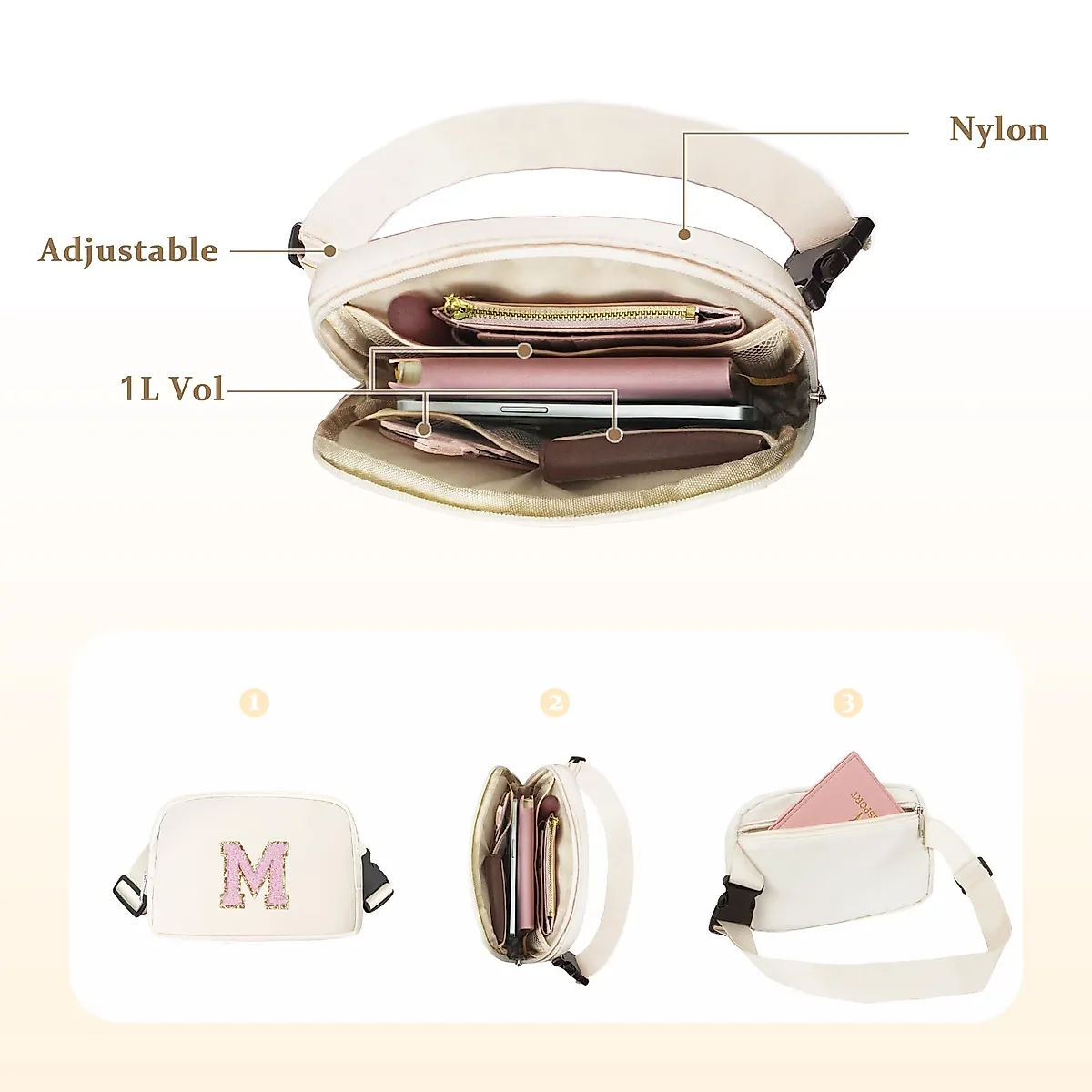 Aganmi Chenille Letter Crossbody Bags for Women Trendy, Waterproof Fanny Packs for Women Cross Body, Initial Letter Belt Bag with Multiple Inner Pockets and Adjustable Strap,N