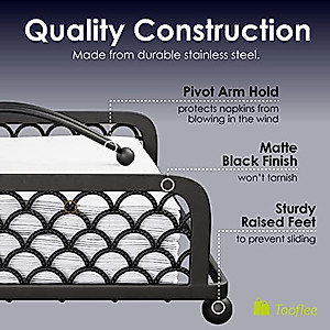 Elegant Flat Paper Napkin Holder with Dispenser Arm - Napkin Holders for Table, Kitchen, Countertops & Outdoor Tables - Square Metal Lattice Basket Dinner Napkin Holder -Napkins Dispenser (Black)