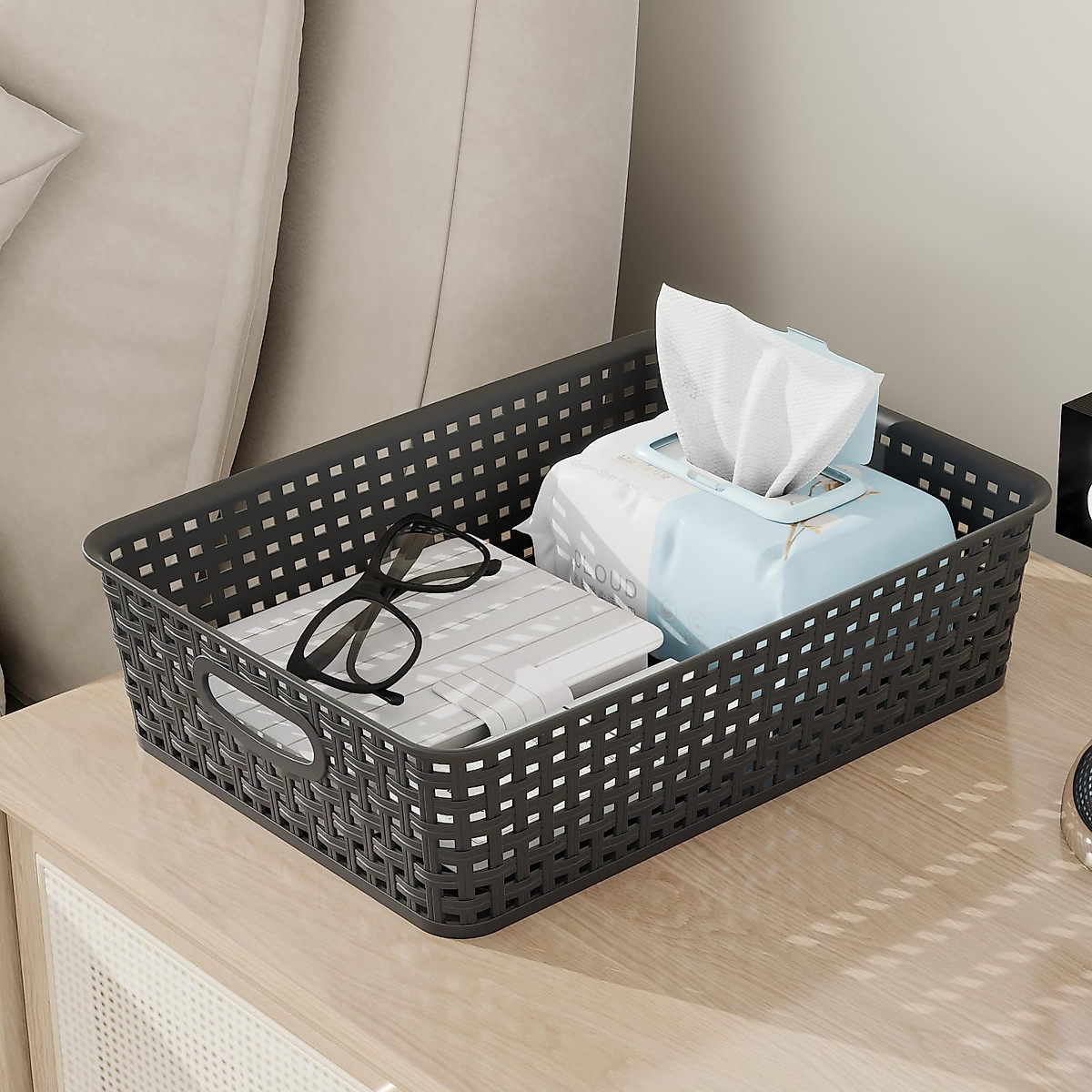 Sadstory 18 Packs A4 Size Plastic Woven Basket Tray, Black Plastic Paper Storage Trays