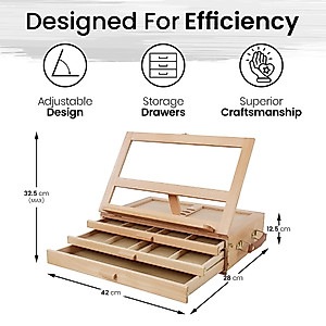 Wood Desk Table Easel - Handcrafted Beechwood Desktop Easel & Wooden Art Tabletop Box for Drawing, Painting, and Sketching with 3 Front Drawers for Supplies Storage