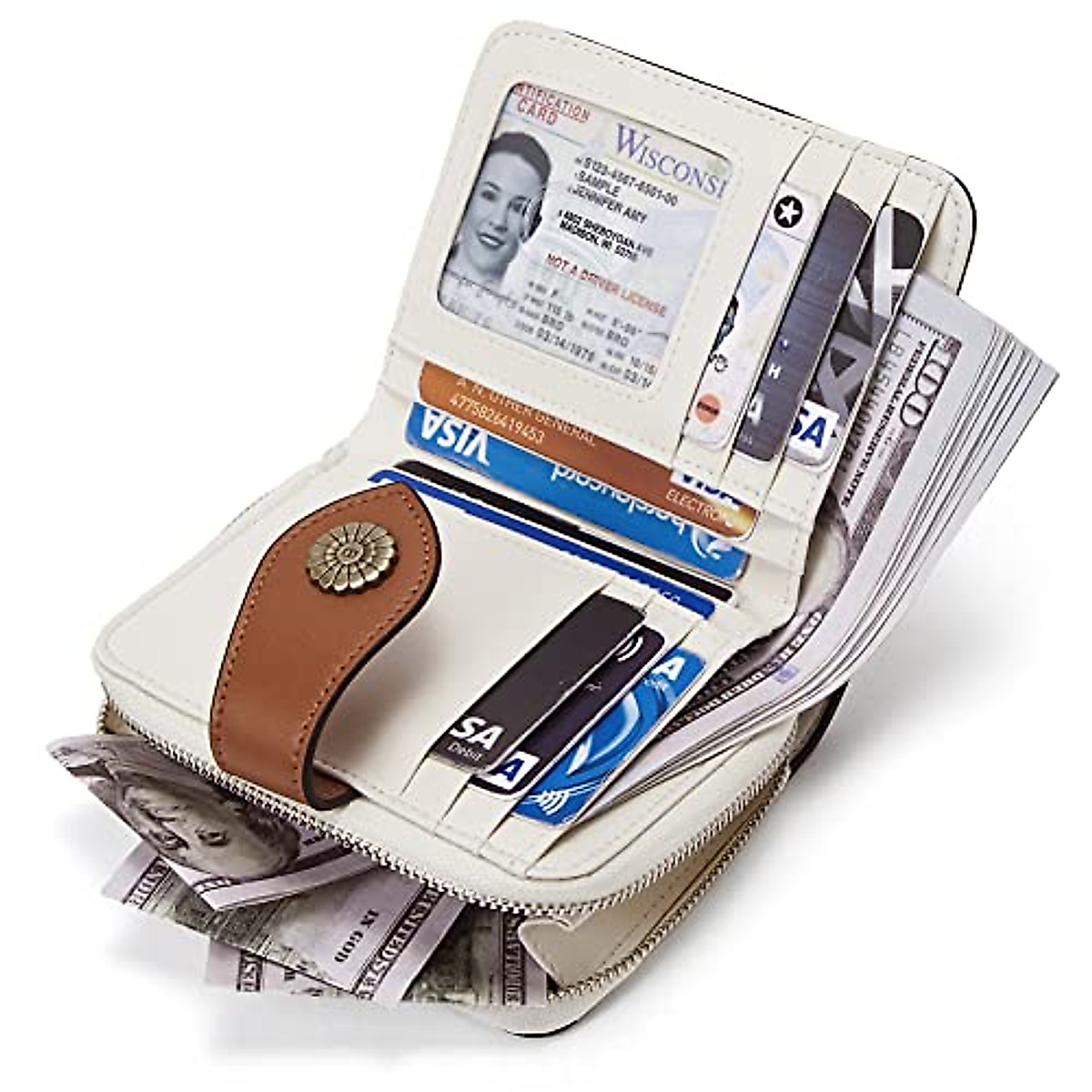 BOSTANTEN Leather Wallets for Women RFID Blocking Zipper Pocket Small Bifold Wallet Card Case White