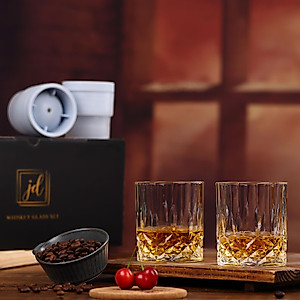 Whiskey Rocks Glass Set In Gift Box - Includes 2 Crystal Bourbon Glasses and 2 Big Ice Ball Molds - 10 Oz Old Fashioned Glasses for Scotch, Cocktails, Rum, Cognac, Vodka - Unique Gift for Men