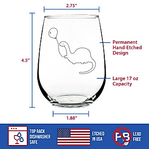 Dinosaur With Birthday Balloon - Stemless Wine Glass - Cute Funny Dino Themed Gifts and Decor for Dinosaur Lovers - Large 17 Oz Glass