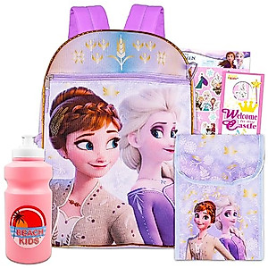 Disney Frozen Backpack and Lunch Box Set for Girls ~ 5 Pc Bundle with Deluxe 16" Frozen School Bag, Lunch Bag, Water Bottle, Stickers, and More (Frozen School Supplies)