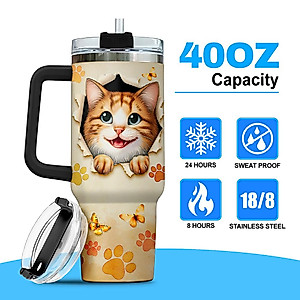 99OWL Funny Adults Tumblers Yellow For Women Insulated Coffee Brown Handle Cup Butterfly Cute Lovers Cups, Cat Gifts, Tumbler 40 Oz With Handle Lid And Straw, Cat Paw Lover