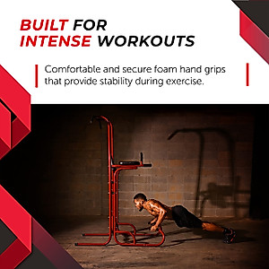 Stamina X Power Tower with VKR - Dip Bar Pull Up Bar Station with Smart Workout App - Dip Bars for Home Workout - Up to 250 lbs Weight Capacity - Red