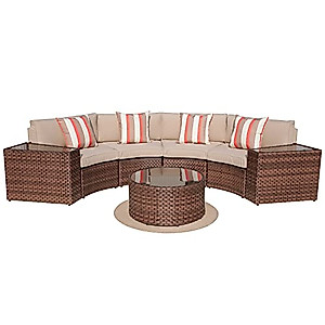 SUNSITT Outdoor 7-Piece Half-Moon Sectional Furniture Set with Round Coffee Table, Patio Curved Sofa Set, Beige Cushion and Brown Wicker, Incl. Waterproof Cover