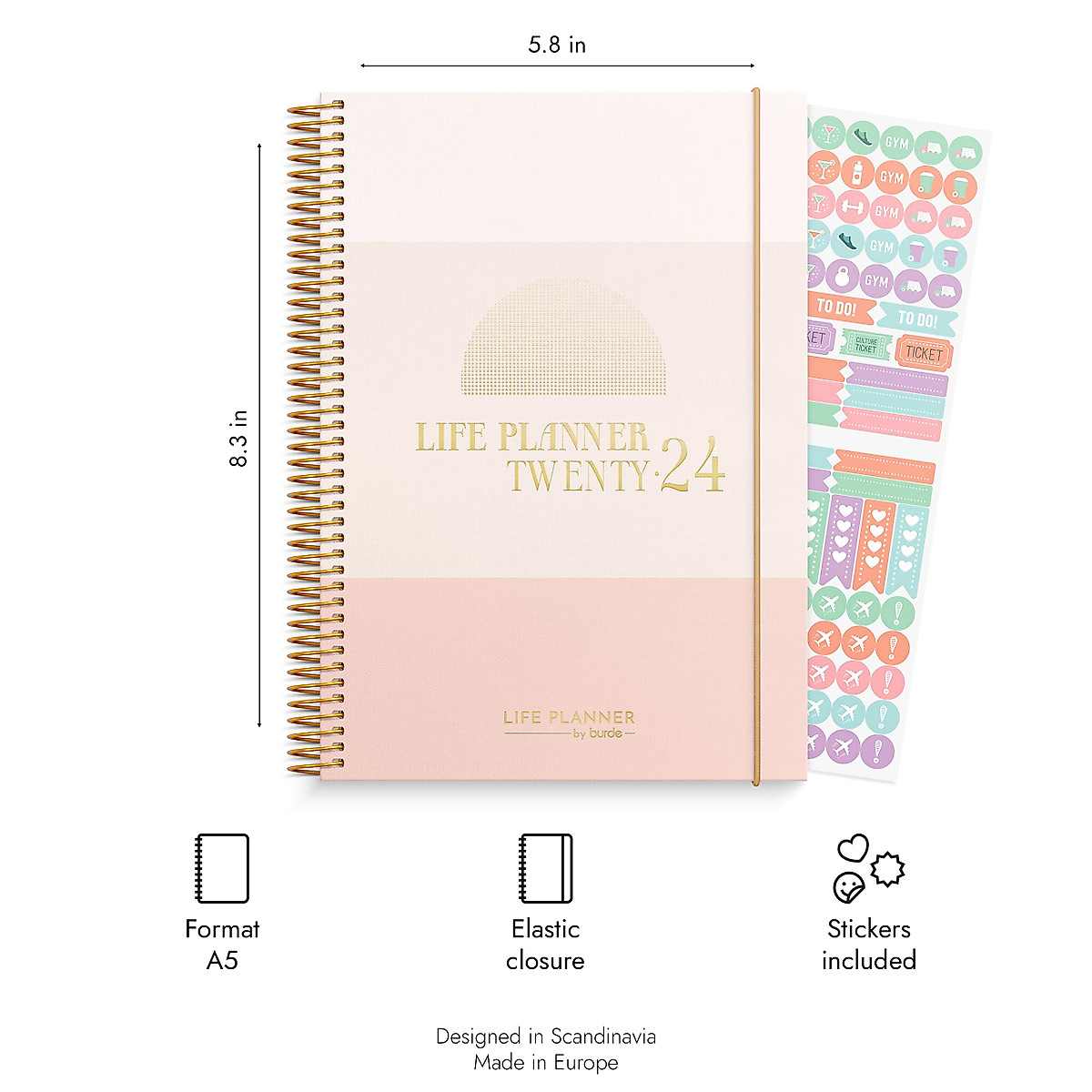 Burde Planner 2024 | Daily & Weekly Planner | Life Planner Pink Horizontal | 18 December 2023-5 January 2025 | Hardcover & Spiralbound A5 Format | Monthly & Yearly Overview | Stickers Included