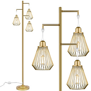 QiMH Industrial Floor Lamps for Living Room, Tree Standing Lamp with 3 Teardrop Cage Shades, 68" Modern Tall Lamps for Bedroom Office Home Light Decor, E26 Socket, Pedal Switch, Brass Gold