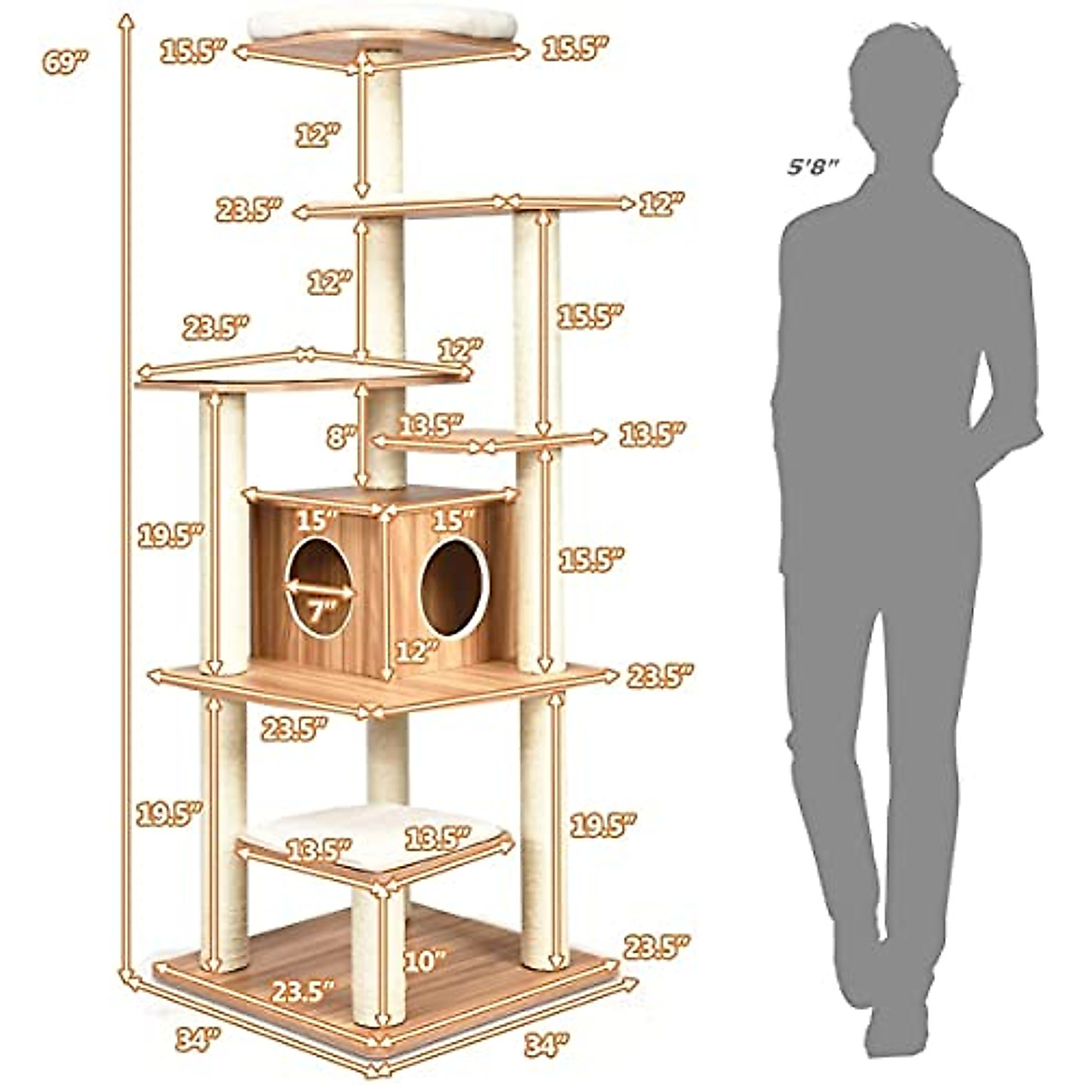 Tangkula Modern Wood Cat Tree, 69-Inch Cat Tower with Multi-Layer Platform, Tall Cat Tree with Sisal Rope Scratching Posts, Cat Condo Furniture w/Washable Plush Cushions for Large Cats Kittens