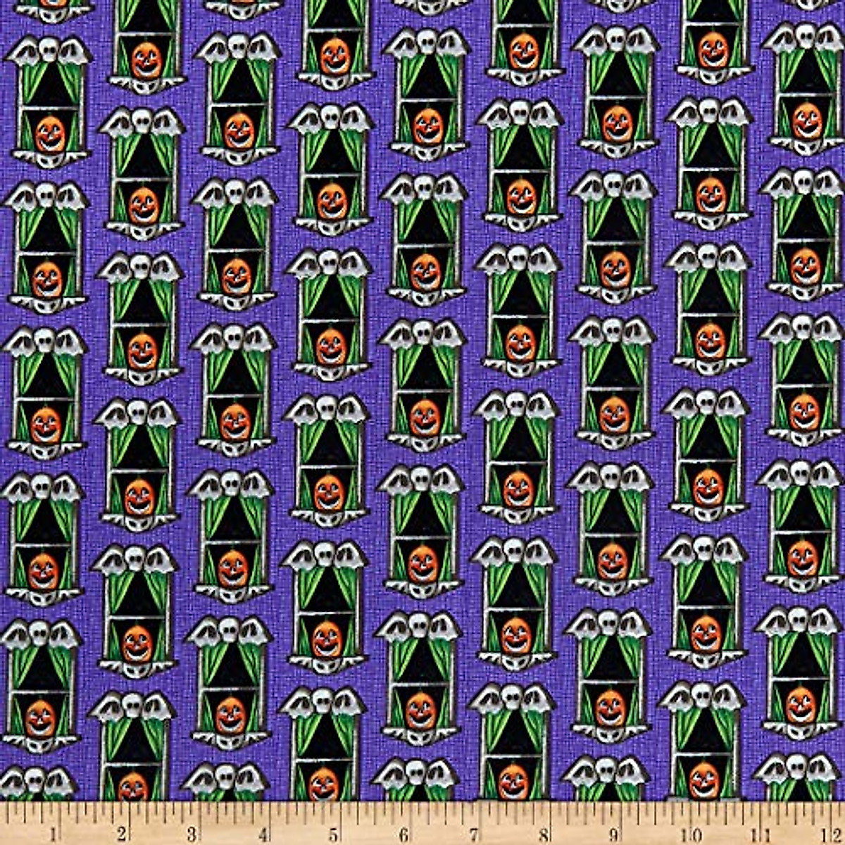 Henry Glass Metallic Spooky Town Small Windows Purple, Quilting Fabric by the Yard
