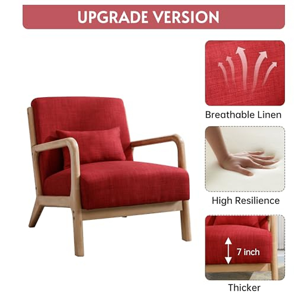 ANJHOME Mid Century Modern Accent Chair, Comfy Fabric Reading Chair with Solid Wood Frame, Easy Assembly Armchair for Living Room