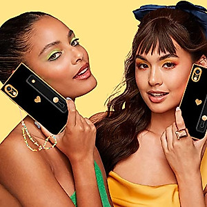 Petitian for iPhone XR Square Case Loopy Stand/Strap, Luxury Cute Women Girls Heart Electroplated Designer Squared Edge Phone Cases for XR, Black