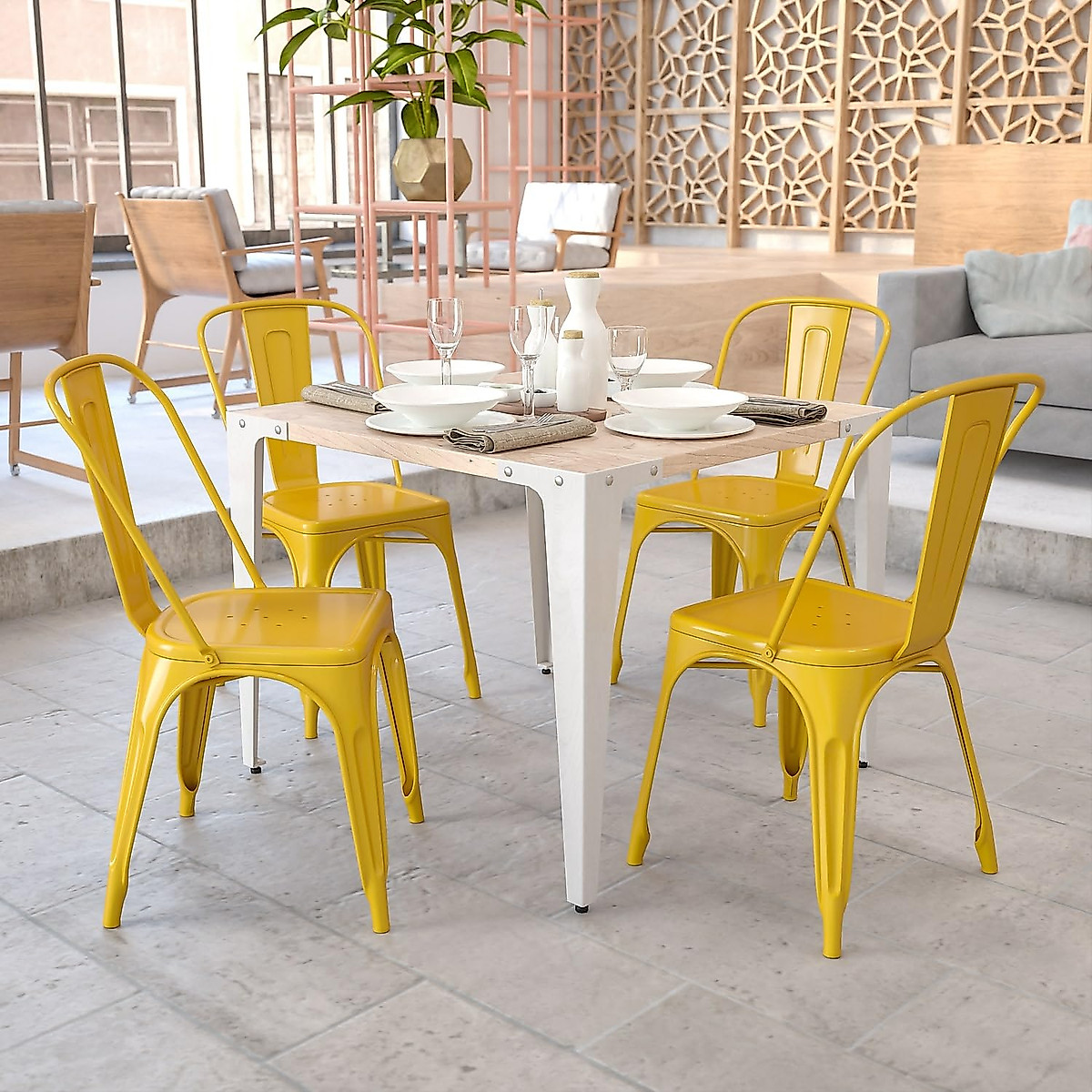 Flash Furniture Luke Commercial Grade 4 Pack Yellow Metal Indoor-Outdoor Stackable Chair